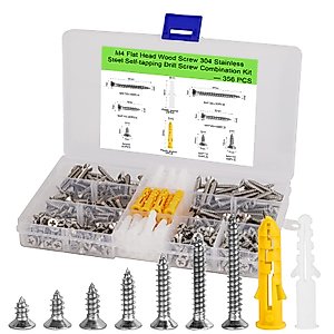 M4 Flat Head Self Tapping Wood Screws Assortment Fasteners Kit 356Pcs,Phillips Drive Countersunk Head Screws,304 Stainless Steel DIY and Joinery Drywall Screws Set,Contains 36Pcs M6 Screw Anchors