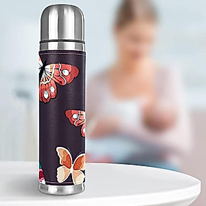 Stainless Steel Leather Vacuum Insulated Mug Butterfly Thermos Water Bottle for Hot and Cold Drinks Kids Adults 16 Oz