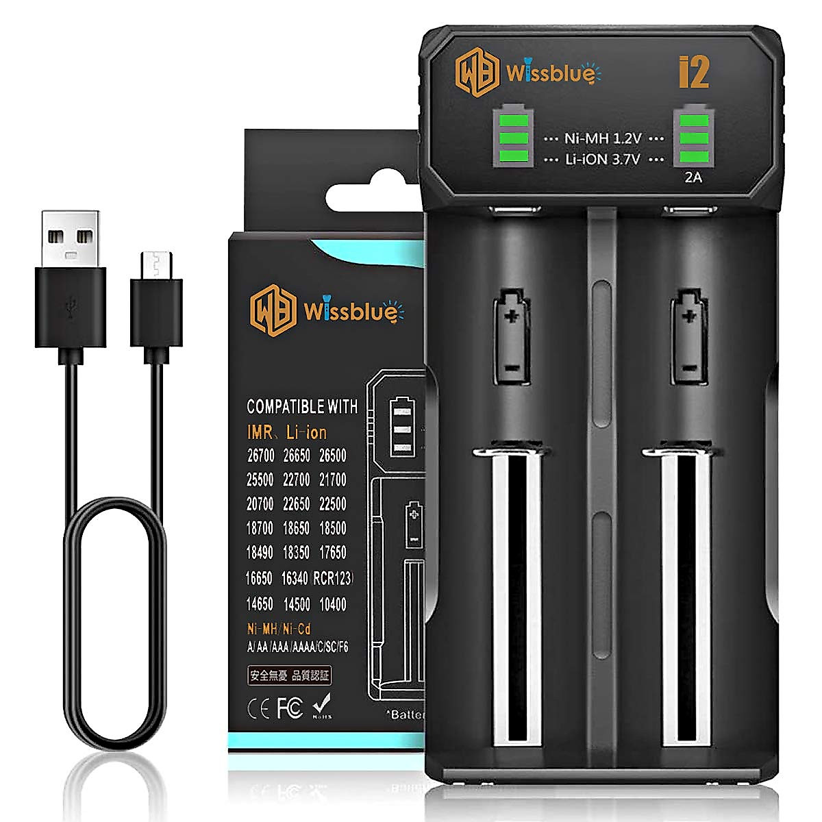 WISSBLUE i2 Universal Battery Charger, 2 Bay 2A Fast Charger for 26650 21700 18650 18490 18350 17670 17500 16340 14500 Li-Ion Rechargeable Batteries, RCR123A, Ni-MH Ni-Cd A AA AAA