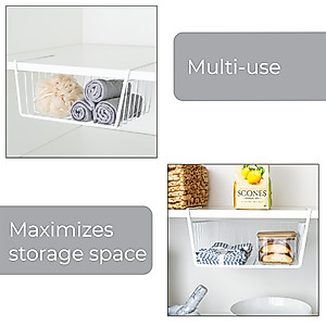 Smart Design Undershelf Storage Basket - Small - Snug Fit Arms - Steel Metal Wire - Rust Resistant Finish - Cabinet, Pantry, Shelf Organization - Kitchen (12 x 5.5 Inch) [White]