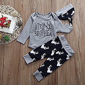 3PCS Newborn Baby Boys Cute Little Brother Romper+Pants+Hat Outfits Matching Set (0-6 Months, Little Brother)