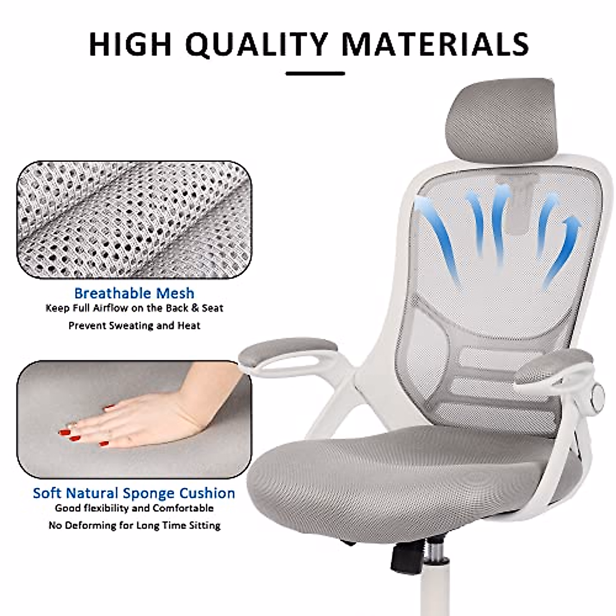 HYLONE Office Chair Executive Mesh Computer Desk Chair Comfortable with Headrest, Flip-up Arms, Adjustable Height, White