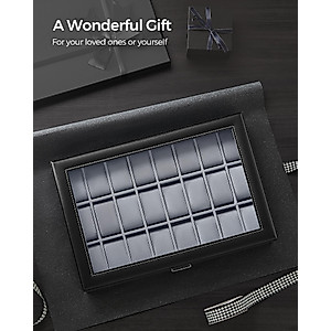 SONGMICS Watch Box, 24-Slot Watch Case, Lockable Watch Storage Box with Glass Lid, Gift Idea, Ink Black Synthetic Leather, Gray Lining UJWB024