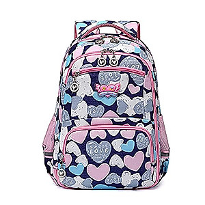 ETAISHOW Girls Heart-Print Backpack for School Elementary Kids School Bag Waterproof Bookbag Lightweight