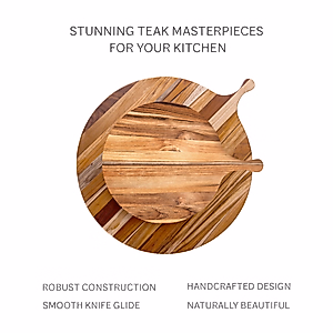 Teakhaus Atlas Pizza Serving Board with Handle - Large Round Wooden Board for Serving Pizza, Appetizers, Cheese and Bread - Perfect Charcuterie and Tapas Board - Knife Friendly - FSC Certified