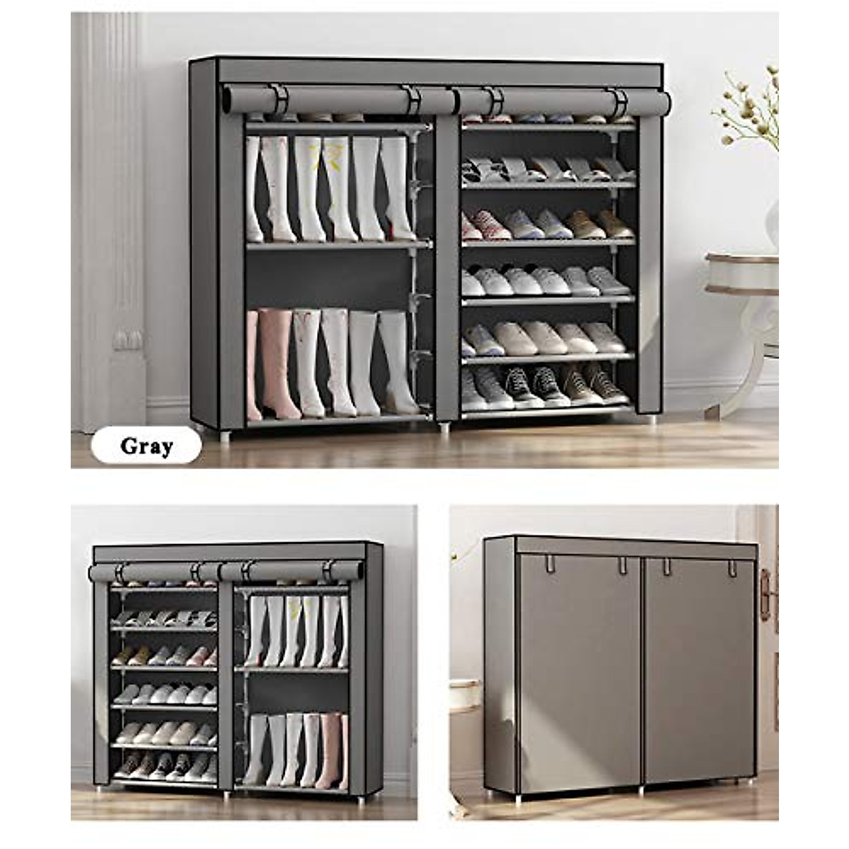 9 Tier Shoe Rack,Double Rows 9 Lattices Large Free Standing Shoe Racks,Shoe Storage Organizer Cabinet with Nonwoven Fabric Dustproof Cover,Space Saving Portable Closet Shoe Cabinet Tower (Gray)