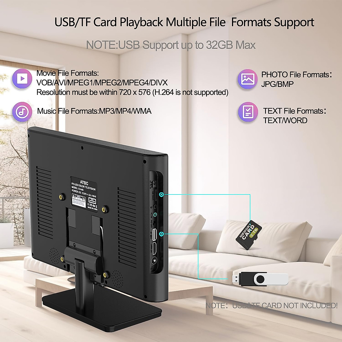 Jexiop 10.1inch Portable TV,IPS 720P Screen TV with Antenna and Digital ATSC Tuner,HDMI USB Port,12 Volt Charger Cable/AC Power,Mini TV for Caravan and Kitchen