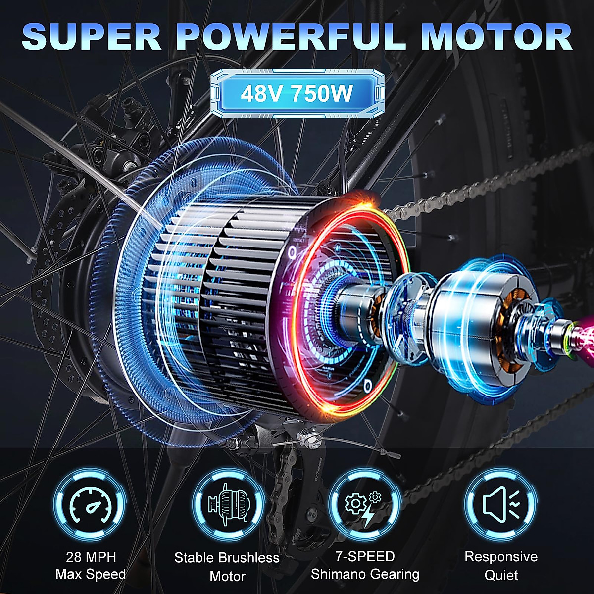 GELEISEN Electric Bike for Adults,750W 28MPH Electric City Cruiser Bicycle, 26" x 3.0 Fat Tire Step-Thru Ebike with 48V 14.5AH Removable Battery,Shimano 7-Speed Folding Electric Commuter Bike (Black)