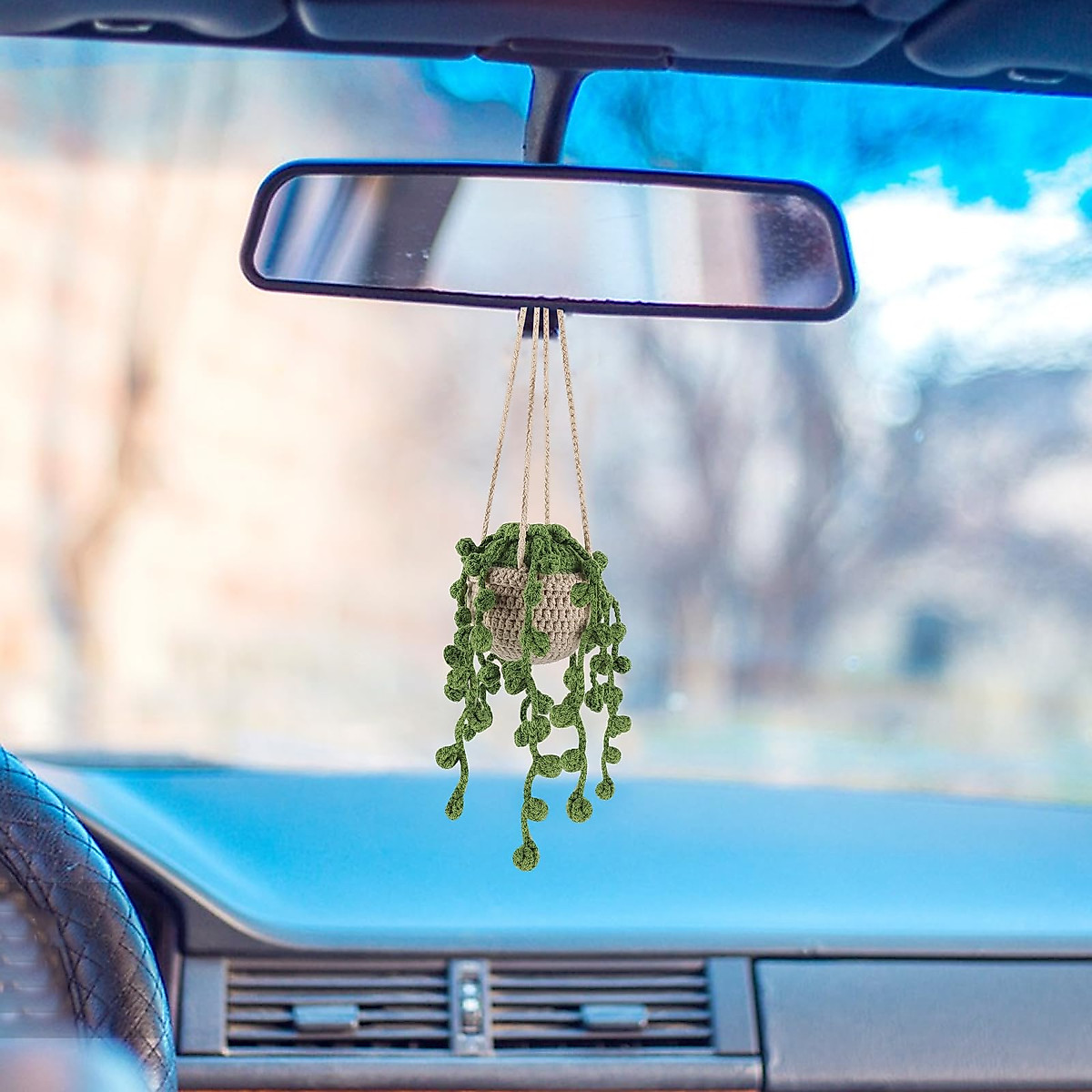 Crochet Hanging Plants, Succulent Car Plants, Mini Macrame Plant Car Accessories Rear View Mirror Charm Cute Hanging Rearview Car Decor Boho Hanger Gifts for Plant Lover 1