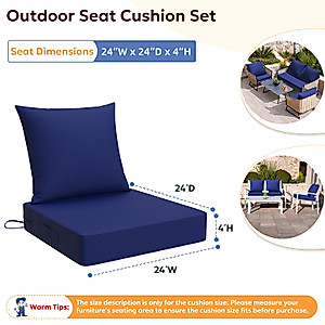 Gorpche Outdoor Deep Seat Set, Waterproof Outdoor Chair Cushions for Patio Furniture, Removable Patio Cushions Include Back Pillow & Seat Bottom with Ties, Foam, and Hidden Zipper-24 x 24 Inch, Blue