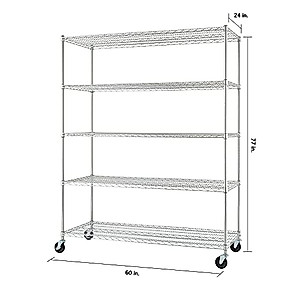TRINITY BASICS TBFC-0931 5-Tier Adjustable Wire Shelving with Wheels for Kitchen Organization, Garage Storage, Laundry Room, NSF Certified, 600 to 2250 Pound Capacity, 60” by 24” by 77”, Chrome