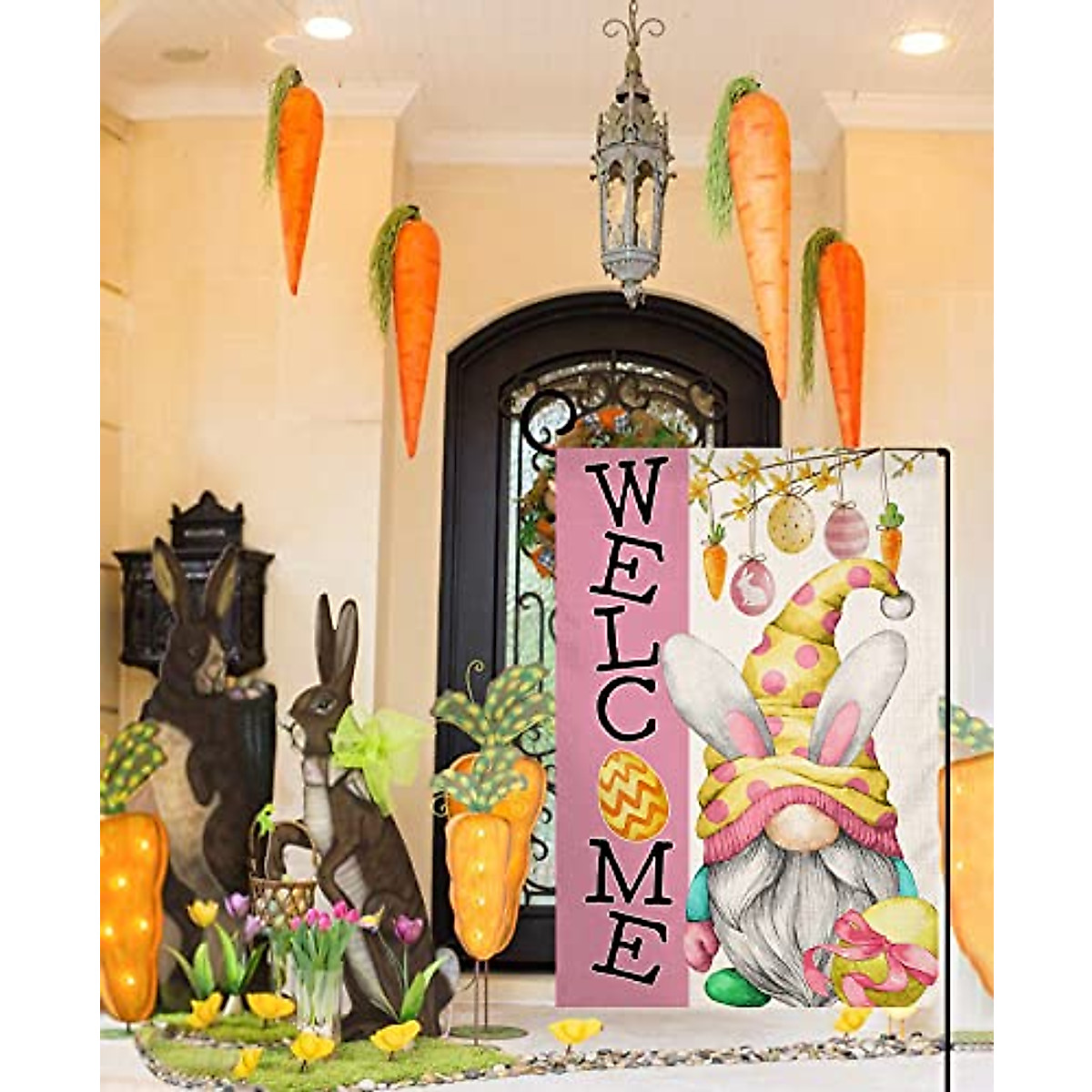 Easter Gnome Garden Flag 12x18 Vertical Double Sided Welcome Spring Easter Eggs Farmhouse Holiday Outside Decorations Burlap Yard Flag BW246