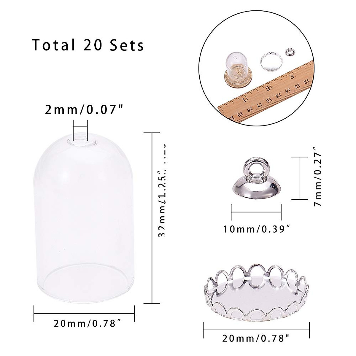 PH PandaHall 20 Sets 0.7 x 1.2 Inch Tube Clear Glass Globe Bottle Hanging Pendant Wish Bottles with Silver Alloy Cap and Bottoms for Earring Necklace Pendant Jewelry Making