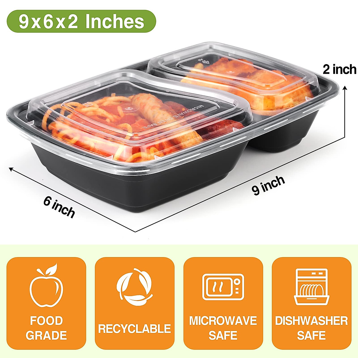 Eupako 55 Sets 32 oz Meal Prep Container Reusable - Plastic-Food-Storage-Containers-with-Lids, Disposable To Go Containers, Portion Control - Microwave, Dishwasher, Freezer Safe (2 Compartment)