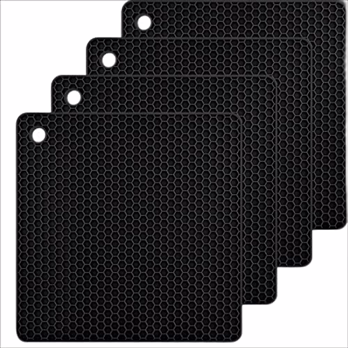 Hotsyang Silicone Trivets Mats Set,Silicone Hot Pads and Trivets, Silicone Trivets for Hot Dishes,Hot pots and Pans,Black Silicone Hot Pads for Kitchen Table,Square Silicone Trivets Mats Set of 4 Pcs