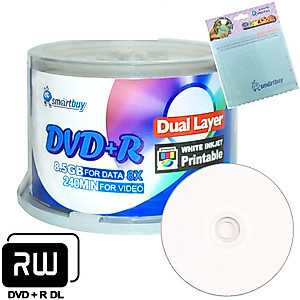 Smartbuy 50-disc 8.5GB/240min 8X DVD+R DL White Inkjet Hub Printable Blank Media Disc + Free Micro Fiber Cloth