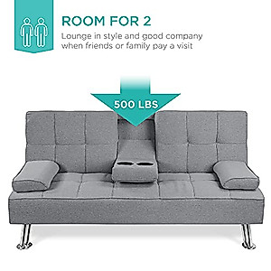 Best Choice Products Linen Upholstered Modern Convertible Folding Futon Sofa Bed for Compact Living Space, Apartment, Dorm, Bonus Room w/Removable Armrests, Metal Legs, 2 Cupholders - Gray