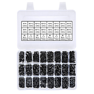 PGMJ 1500 Pcs M2/M3/M4/M5 Hex Screws Nuts Washers Kit - 12.9 Grade Black Alloy Steel Metric Screw and Bolt Assortment Set for Wood Working Hardware (Button Head)