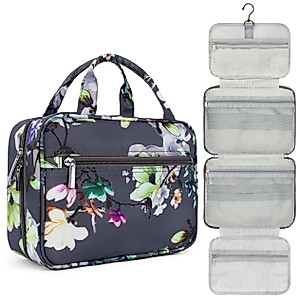 PAVILIA Hanging Toiletry Bag Travel Bag Women Men, Foldable Cosmetic Organizer, Roll up Makeup Bag, Water Resistant Accessories Toiletries, Large Travel Essentials Kit (Grey Floral)