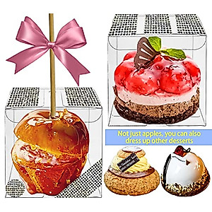 BadenBach 30 Set 4" Clear Candy Apple Boxes with Hole, Candy Apple Kit Supplies Containers Apple Boxes with 30 Pcs 7" Thick Candy Apple Sticks and 35.5" Self-Adhesive Rhinestone Stickers