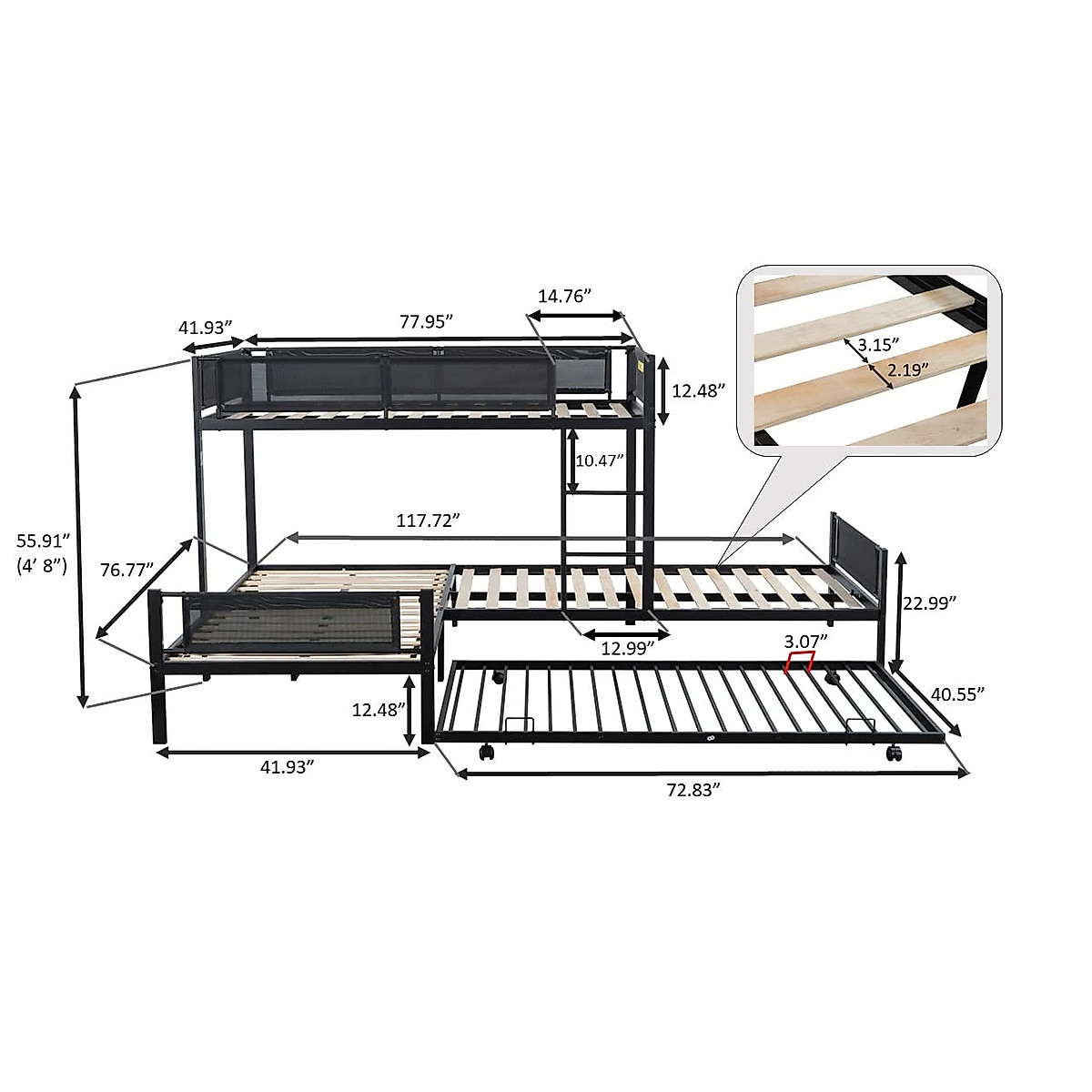Tmsan Metal Triple Bunk Bed with Trundle for Kids, L Shaped Twin Over 2 Twin 3 Bunk Beds Heavy Duty Quad Bunk Beds for 4 Teens Adults Toddlers