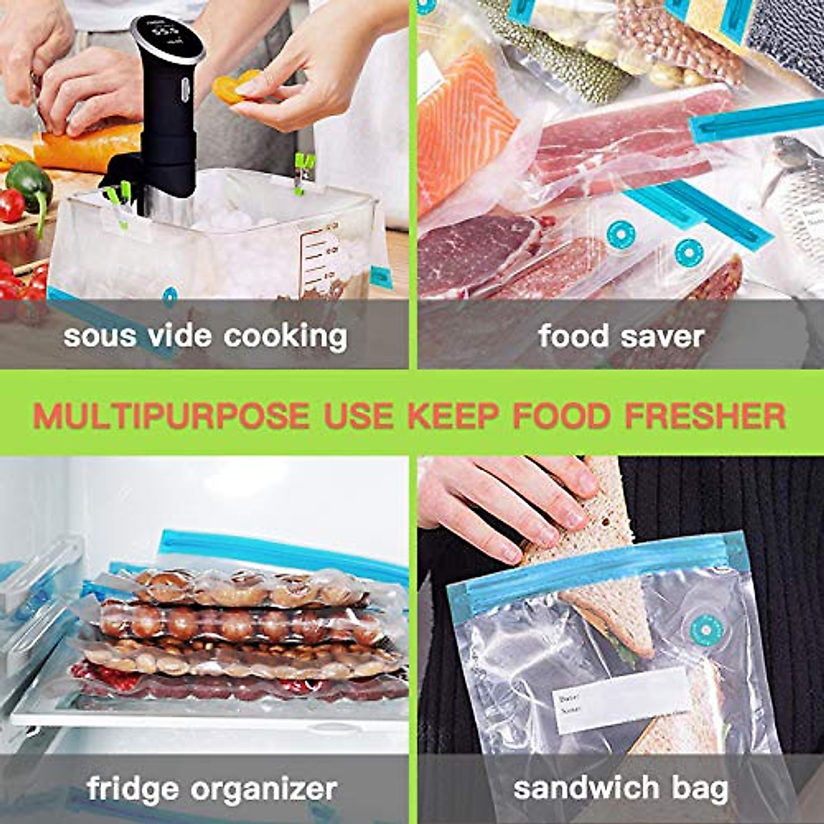 WHX Sous Vide Bags - 20pack Reusable Vacuum Zipper Bags for Sous Vide Cooking, 3 Sizes Food Storage Bags with 2 Sealing Clips for Anova and Joule Cookers