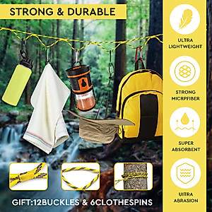Campsite Storage Strap Camping Accessories, Outdoor Equipment Tent Lanyard Travel Hanger Clothesline Camping Essentials with 12 Ring Buckle & 6 Clothes Pins for Camper Family RV Trailer Hanging Gear