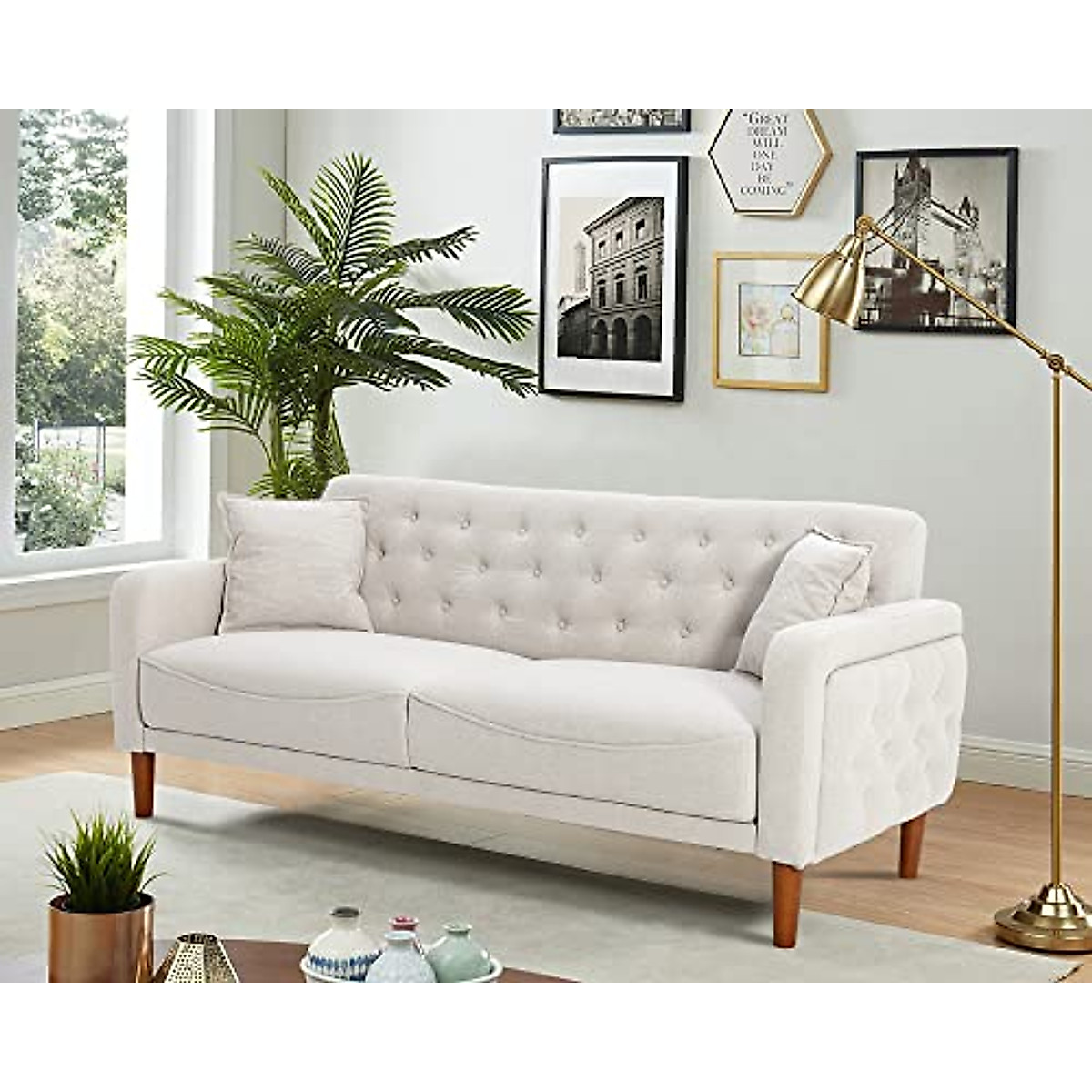 Aoowow Linen Fabric Sofas and Couches 78 Inches Long, Mid Century Modern Couch Tufted Back Sofa with 2 Throw Pillows, Armrest and Wooden Legs for Living Room, Apartment, Bedroom (Beige)