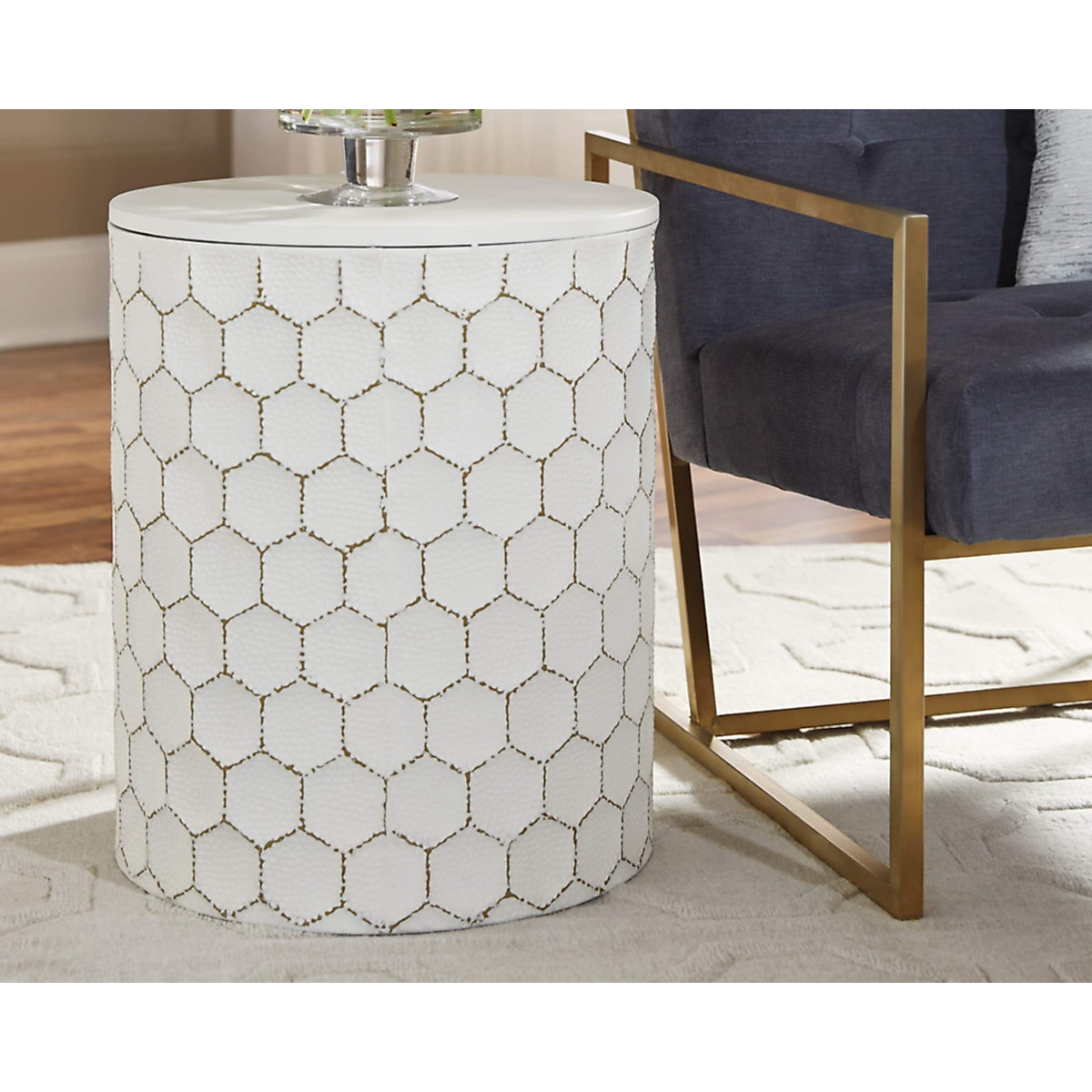 Signature Design by Ashley Polly Geometric Honeycomb Indoor Outdoor Accent Stool or Table, White