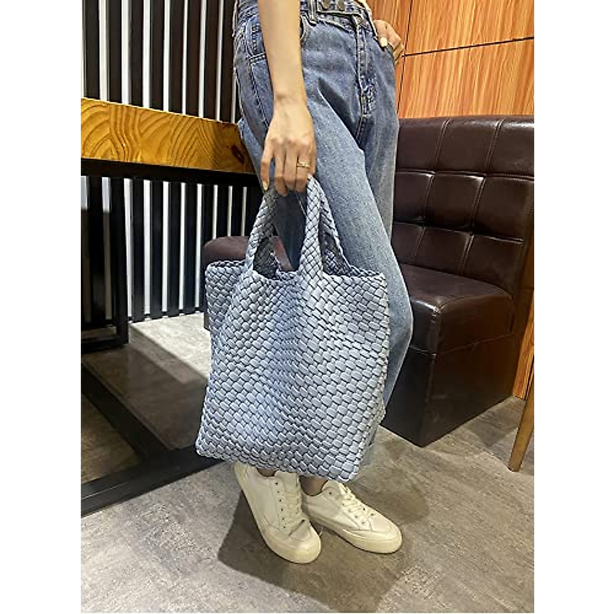 Hereubuy Now Women's Fashion Woven Bag Shopper Hand-Woven Tote Handbags and Purse for Women Ladies Vegan Soft PU Leather Shoulder Bags Large Capacity Underarm (Woven - Light Blue)