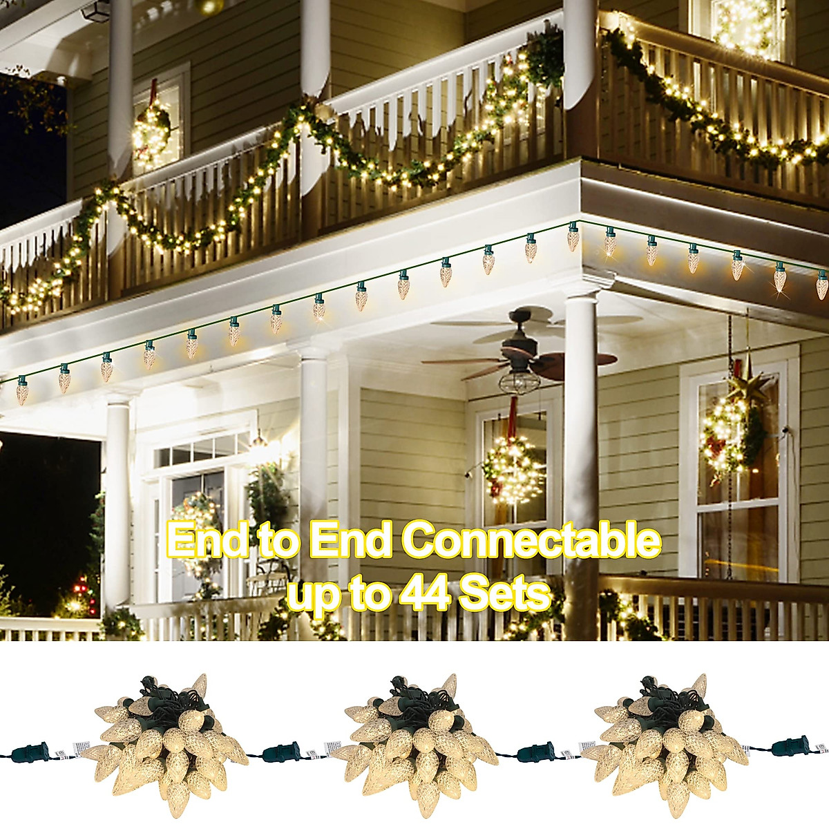 C9 Christmas Lights, 50 LEDs 24.5 FT Faceted String Lights Connectable Commercial Grade Indoor Outdoor, 120V UL Certified Xmas Strawberry Tree Light Strand for Garden Patio Parties, Warm White