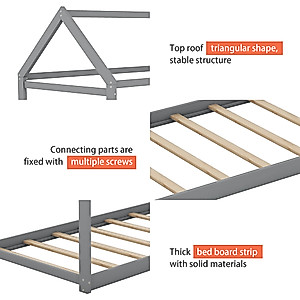 Merax Wood House Bed,Floor Bed with Wood Slats,No Box Spring Needed,Twin Size, Grey