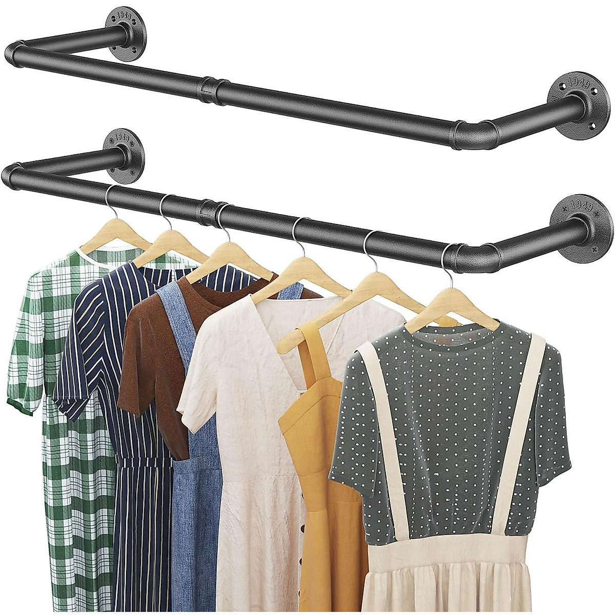 Bodato Industrial Clothing Rack 38.4'' for Wall 2 Pack, Heavy Duty Pipe Clothes Rack Wall Mounted for Hanging Clothes Garment, Closet Rod Hanging Bar for Walk-in Closet