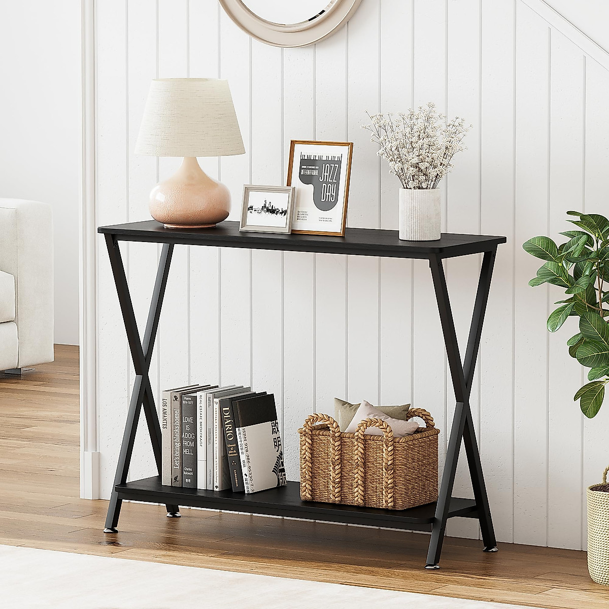 IDEALHOUSE Narrow Console Table, Sofa Tables Narrow Long Behind Couch Table, 2-Tier Industrial Entryway Table for Living Room, Hallway, Foyer (Black)