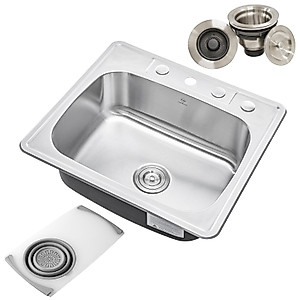 CozyBlock 25 x 22 x 9 Inch Top-mount/Drop-in Stainless Steel Single Bowl Kitchen Sink with Strainer and Protective Bottom Grid- 18 Gauge Stainless Steel-4 Faucet Hole