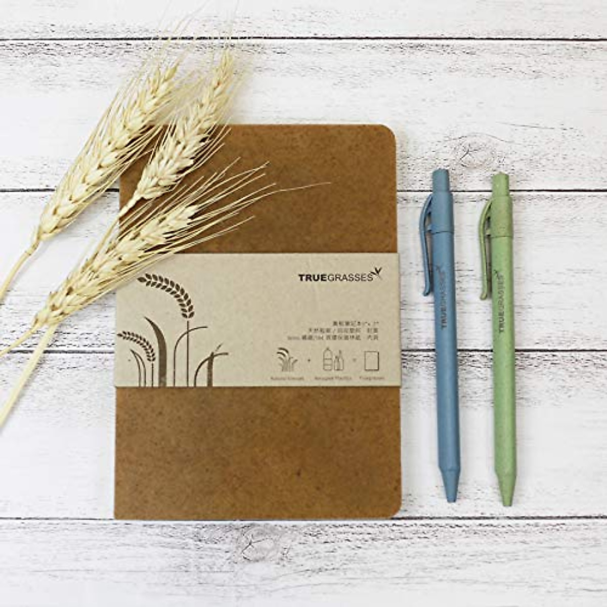 TRUEGRASSES Hardcover Notebook (5x7), Flat Open, Straw + PP, Recycled Paper, Cream (off-white), 70gsm, 160 Sheets, Grid