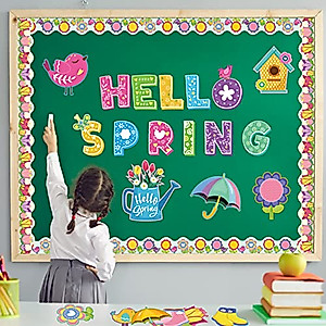 67 Pcs Hello Spring Cutouts, Spring Bulletin Board Decoration Set Flower Accents DIY Paper Cutouts with 100Pcs Glue Points Seasonal Classroom Decor for School Kindergarten Spring Party Supplies