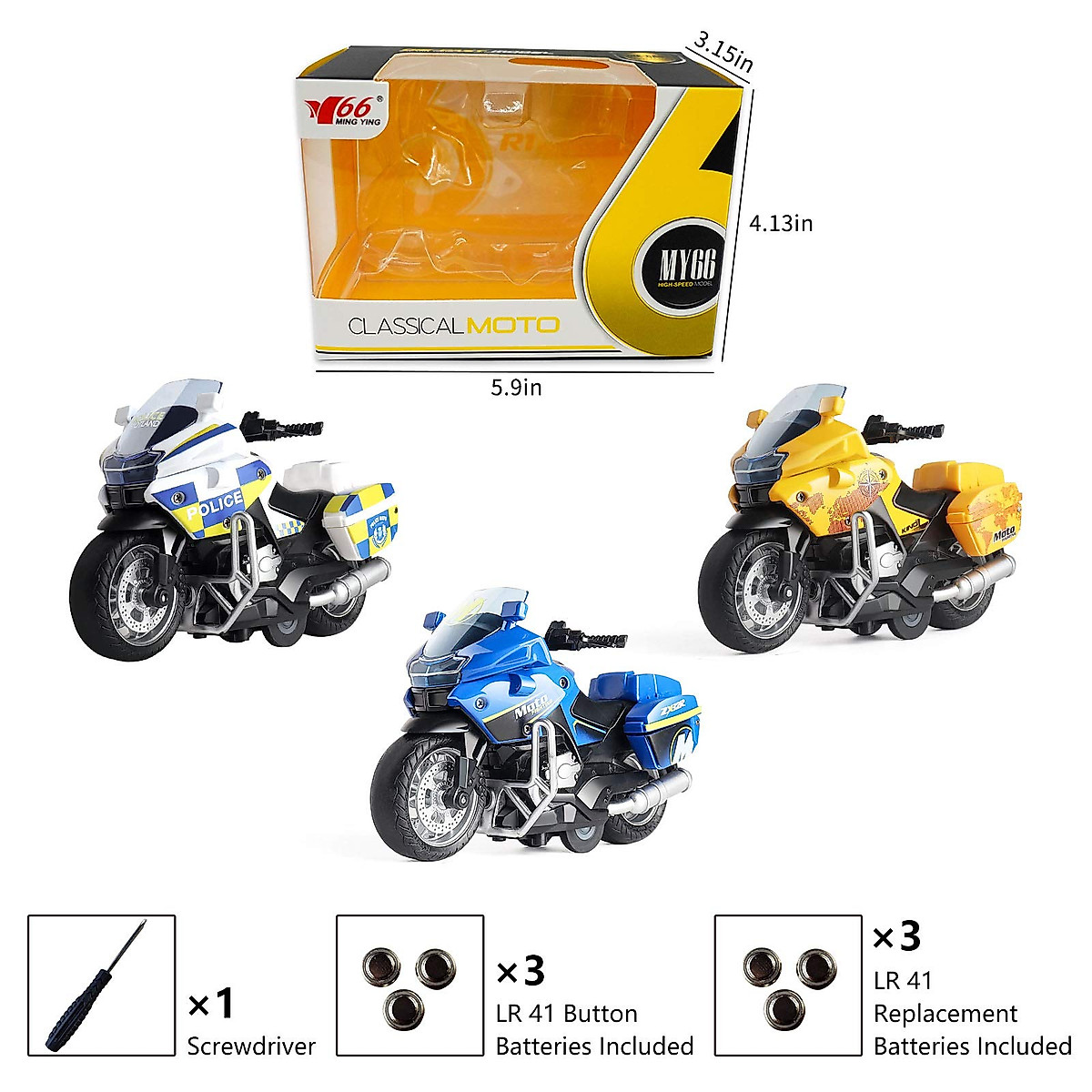 MING YING 66 Police Motorcycle Toy - Pull Back Toy Motorcycle with Sound and Light Toy,Toy Motorcycles for Boy,Toys for 3-9 Year Old Boys (White)