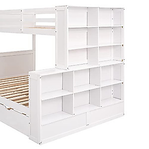 BIADNBZ Twin Over Full Bunk Bed with Trundle and Shelves, Can Be Separated into Three Separate Platform-Beds for Teens/Adults, Space-Saving Design, White