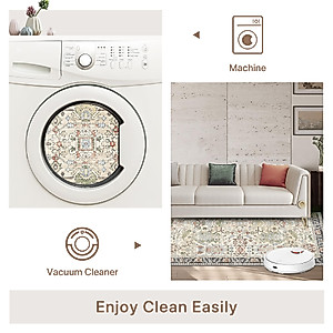 Bavni 8x10 Area Rugs for Living Room, Machine Washable Rug Lightweight Low Pile, Chenille Non Slip Rug Boho Print Decorative Carpet for Bedroom Dinning Room, Ivory/Teal