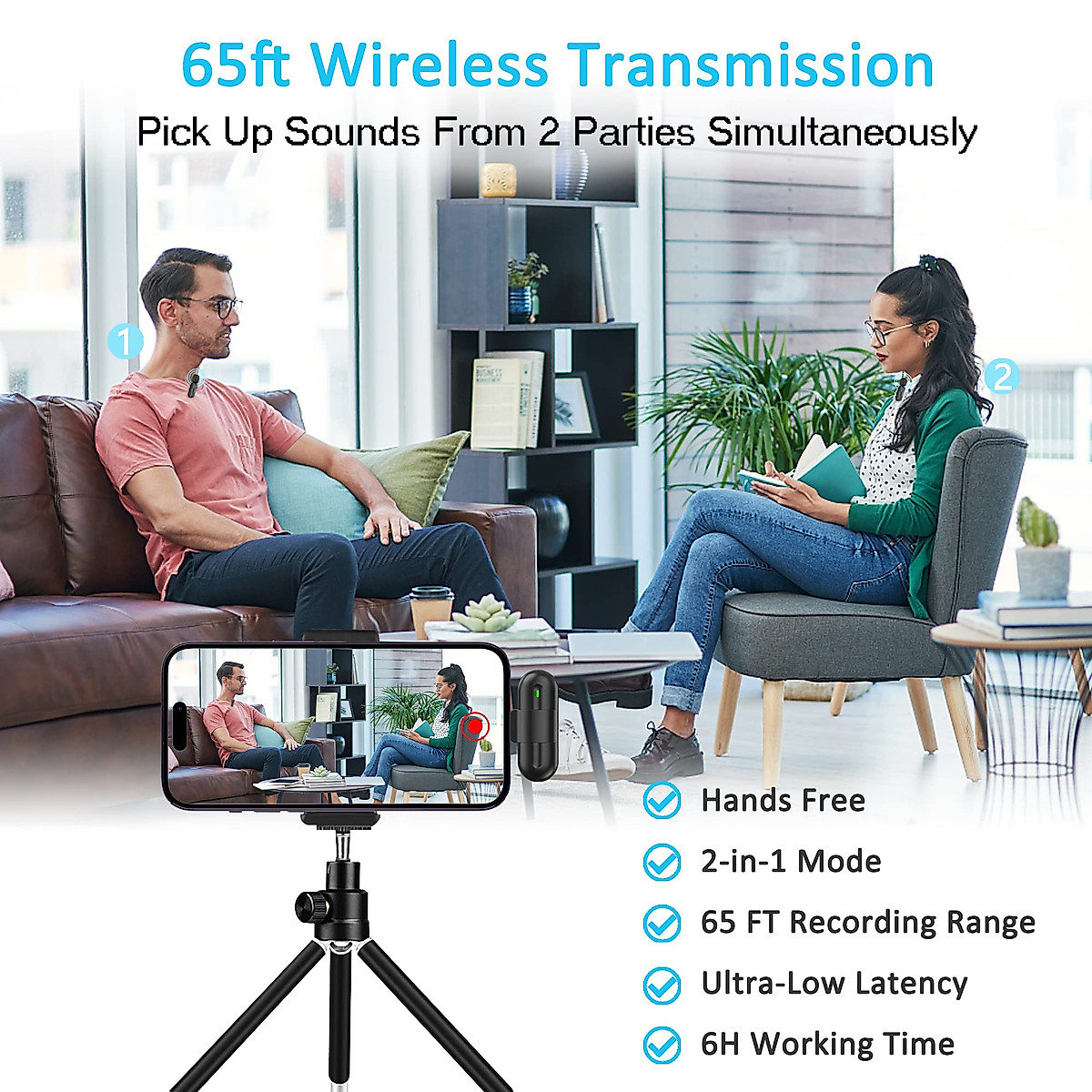 2 Pack Wireless Lavalier Microphone for iPhone iPad, Video Recording Mini Lapel Microphone, 2.4G Plug-Play Lav Mic, Noise Reduction Clip-on Microphones for YouTube, Interview, Vlog, Podcast