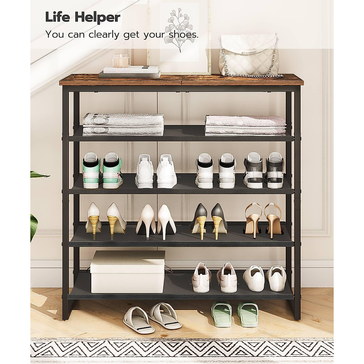 HOOBRO Shoe Rack, 5 Tier Shoe Storage Organizer with 4 Oxford Fabric Shelves and Top Panel, Holds 16-20 Pairs of Shoes, for Entryway and Closet, Industrial, Rustic Brown BF50XJ01