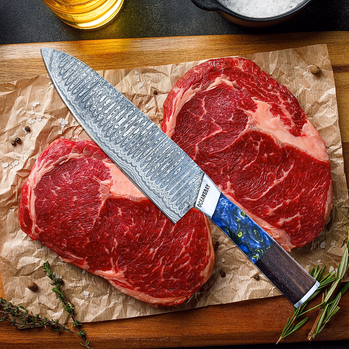 OceansBay 7" Super Sharp Professional Chef Knife with Laser Damascus Pattern in Gift Box, Premium Stainless Steel Kitchen Knife use for Meat, Sushi and Vegetable Chef Knives with Ergonomic Handle