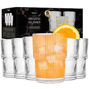 Kitchen Lux Ribbed Drinking Glasses - Ribbed Glass Cups 15 oz - Ribbed Glassware Set of 6 - Textured Vintage Retro Ripple Aesthetic Glass Ware for Whiskey Cocktail Beer Water, Coffee Bar Accessories