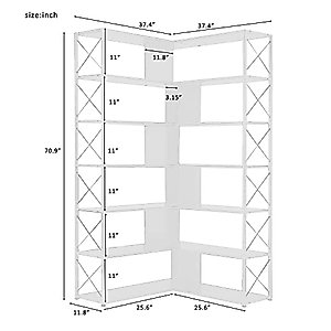 7-Tier Corner Bookshelf, Home Office Bookshelf, L-Shaped Corner Bookcase with Metal Frame, Industrial Style Shelf with Open Storage, MDF Board (Brown)