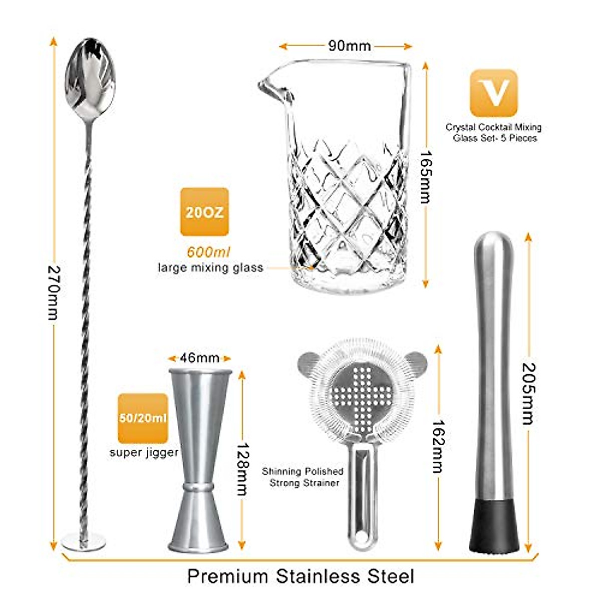 Lighten Life Cocktail Mixing Glass Set,Bar Mixing Set with 20oz Crystal Thick Bottom Glass,Spoon, Jigger,Strainer and Muddle,5 Pieces Cocktail Mixing Glass Kits Perfect for Amateurs and Bartenders