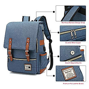 UGRACE Vintage Laptop Backpack with USB Charging Port, Elegant Water Resistant Travelling Backpack Casual Daypacks College Shoulder Bag for Men Women, Fits up to 15.6Inch Laptop in Blue