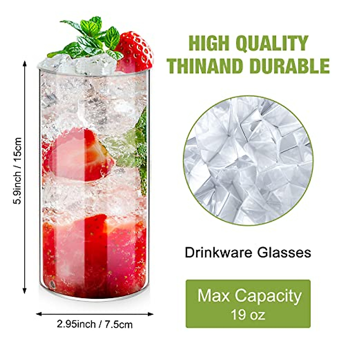 Hoolerry 8 Pack 19 oz Highball Drinking Glasses Thin Highball Glasses Clear Glass Mugs Cocktail Glasses Round Water Glasses Elegant Bar Glassware Glass Drink Tumblers for Coffee Juice Beer Milk