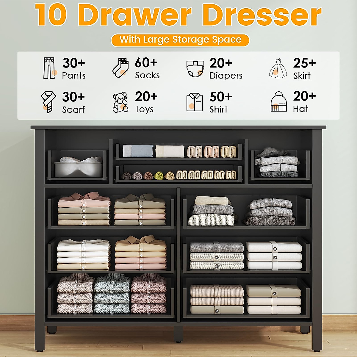 10 Drawer Large Black Dresser for Bedroom, 47.2" Long Chest of Drawers with Deep Drawers, Modern Wooden Storage Dresser for Closet, 36.2" Tall Dresser TV Stand for Living Room, Hallway, Entryway
