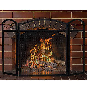 MyGift Black Wrought Iron 3 Panel Arched Fireplace Screen, Metal Mesh Screen Fire Spark Guard for Indoor Fireplace with Decorative Scrollwork Design